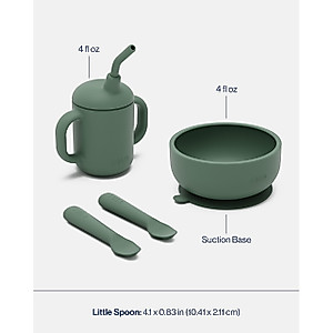 Lalo First Bites Silicone Baby Feeding Set - Baby Led Weaning Supplies - Non-Toxic Silicone - Includes 2 Spoons, Training Cup, & Suction Bowl - 4 Pieces - Olive