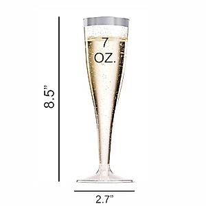 BloominGoods 50 Plastic Silver Glitter Champagne Flutes | 7 oz. Clear Hard Disposable Party & Wedding Glass | Premium Heavy Duty Fancy Cup (50-Pack)