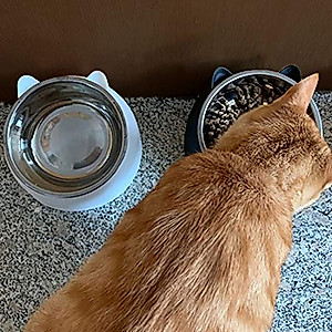 PINVNBY 2PCS Raised Cat Bowl Tilted 15° Slanted Elevated Bulldog Feeder Non-Spill Dog Kitten Food Dish Anti-Slip Detachable Pet Stainless Steel Slope Base for Small Pets Black&White