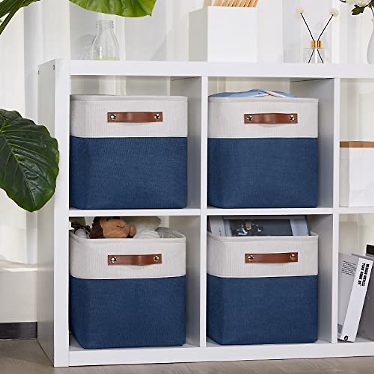 DULLEMELO Collapsible Bundle Baskets 2 Large Baskets 17"x12"x15" + 4 Cube Baskets 11"x11"x11"（White&Blue)