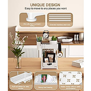 MERRYBOX Under Sink Organizers and Storage, Sliding Under Bathroom Cabinet Organizer, 2 Tier Kitchen Under Sink Organizer Pull Out Drawer with 4 Hooks, 1 Hanging Cup, 4 Non-Slip Feet, White, 1 Pack
