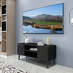 Yusong Retro TV Stand for 55 Inch TV, Entertainment Centers for Living Room Bedroom, Wood TV Bench Table TV Console TV Cabinet with 2 Storage Cabinets and Open Shelves, Black