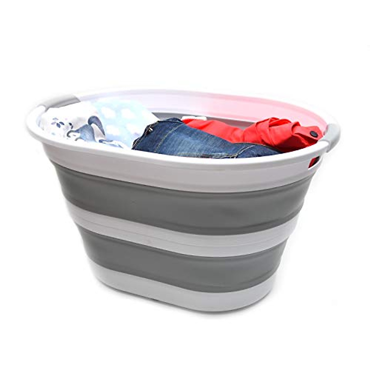 SAMMART 34L(8.98 Gallon) Set of 2 Collapsible Plastic Laundry Basket-Oval Tub/Basket-Foldable Storage Container/Organizer-Portable Washing Tub-Space Saving,Water Capacity 29L(7.66 Gallon) (2, Grey)