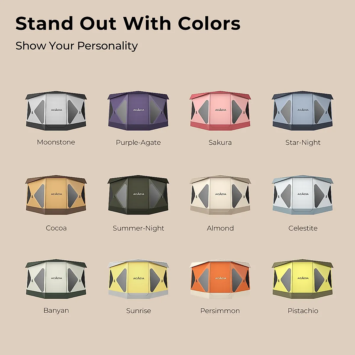 ACACIA Space Camping Tent XL, 4-6 Person Large Family Tent with 6'10'' Height, 2 Doors, 8 Windows, Waterproof Pop Up Easy Setup Hub Tent with Rainfly, Footprint for Car Camping, Glamping, Sunrise