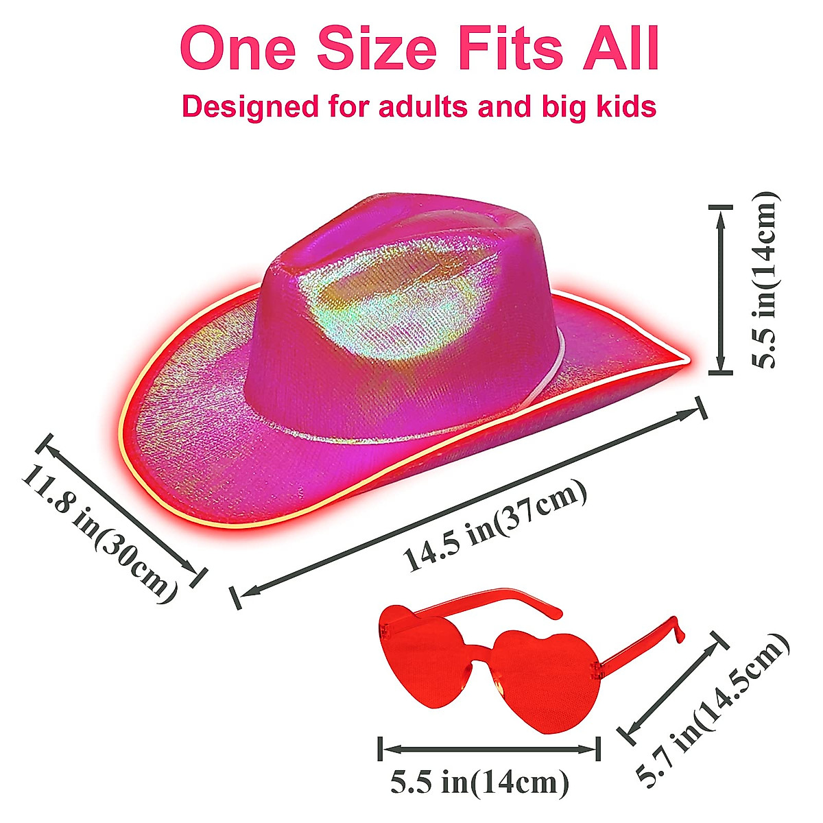 quescu Light Up Cowboy Hat for Women, Men,LED Cowgirl Hat,Sparkly Space Cowboy Hats for Party,Halloween Costume Dress Up (B-Pink)