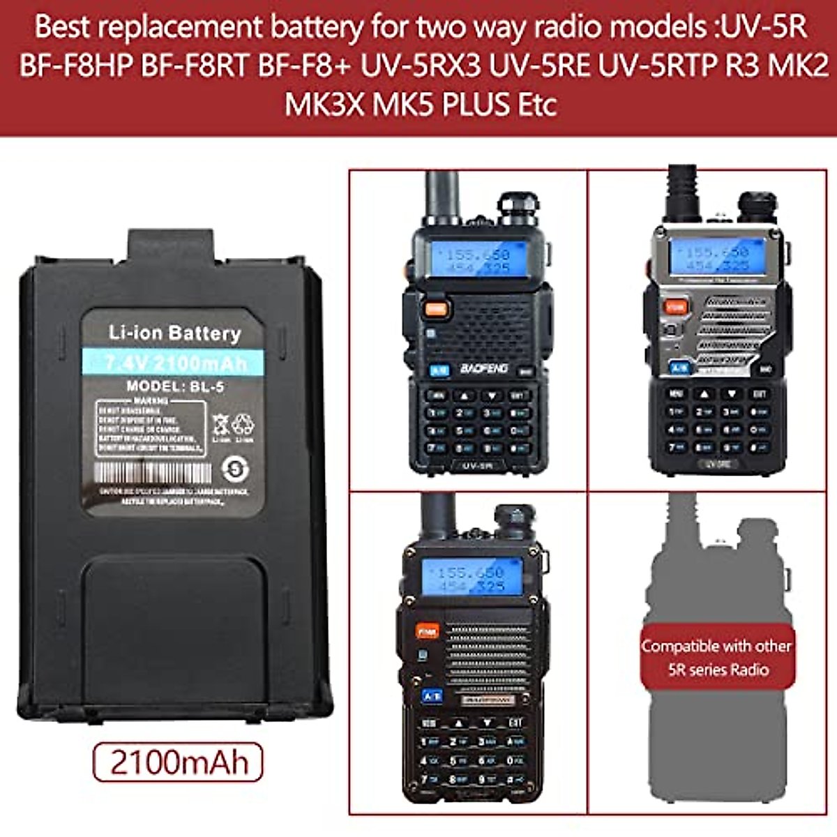 BAOFENG Orignal Extended Battery BL-5 2100mAh High Power Battery Replacement Battery for Two-Way Radio UV-5R BF-F8HP BF-F8RT BF-F8 BF-F8+ UV-5RX3 UV-5RE UV-5RTP R3 MK2 MK3X MK5 Plus Etc