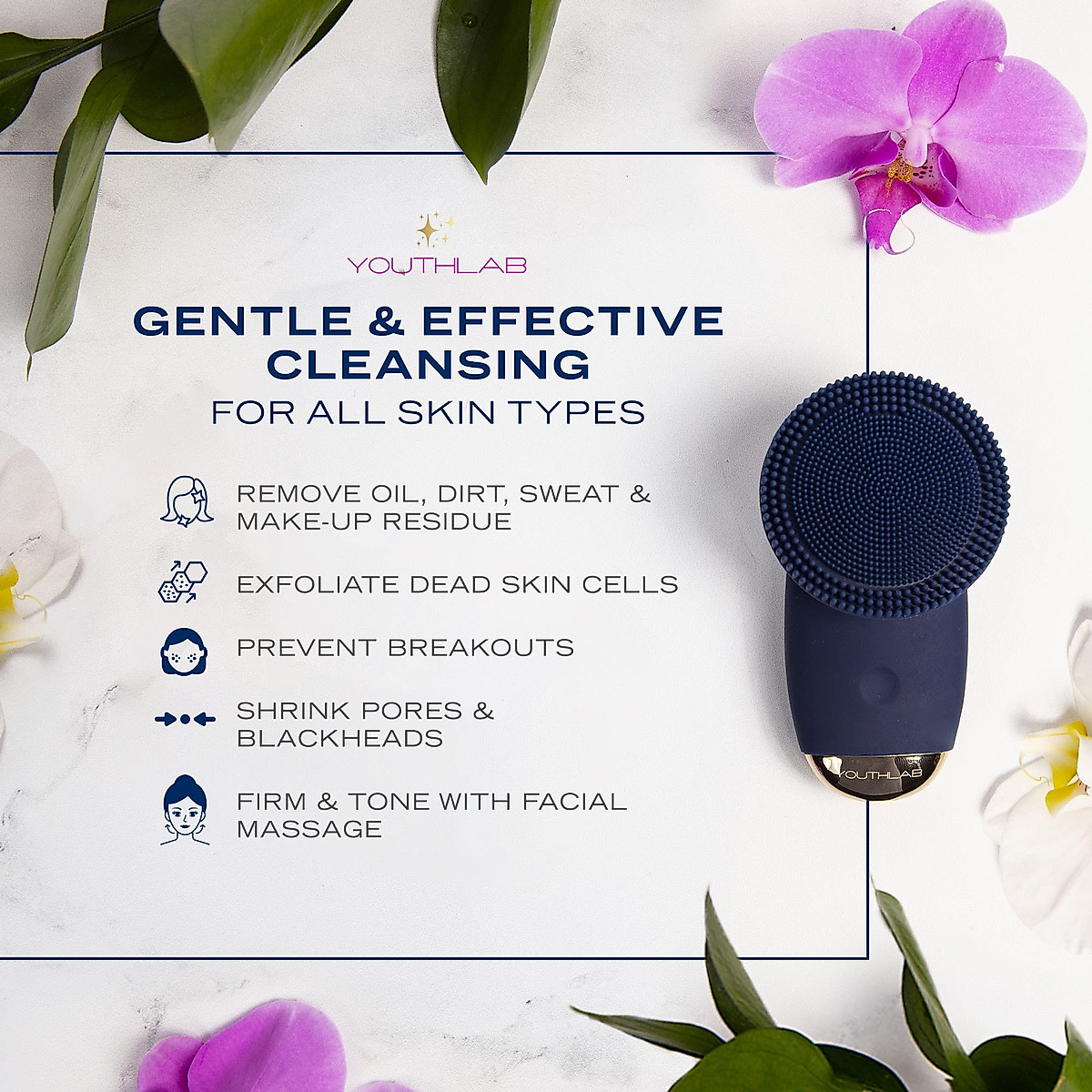 YouthLab SoniGlow, Navy, Silicone Facial Skin Cleansing Brush, Electric, Vibrating, Scrubber, Hygienic, Exfoliation, Massage, Firm, Tone, Blackheads, Pores, Waterproof, Rechargeable, Makeup Removal