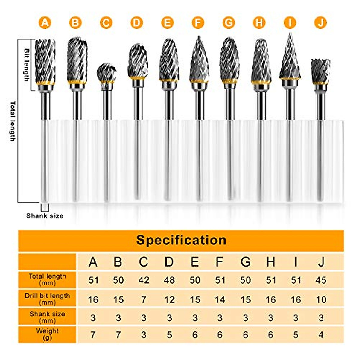 TianTac Tungsten Carbide Rotary Burr Set 10pcs, Carving Burr Bits, with 3mm Shank 6mm Bit for Wood & Stone Carving, Steel Metal Working