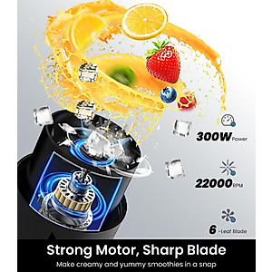 Portable Blender, 300W Blender for Smoothies and Shakes, 22 oz Smoothie Blender with 6 Blades, BPA Free, USB-C Rechargeable, Handle and Straw Lid, Mini Travel Blender for Anywhere, Black