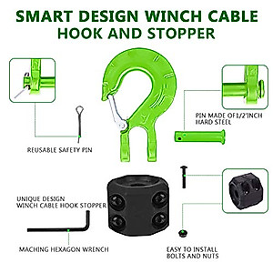 AMBULL Heavy Duty Forged Steel 3/8" Grade 70 Safety Latch Winch Cable Hook Stopper & Clevis Slip Hook Sets, Included Allen Wrench,Max 35,000 lbs, Green
