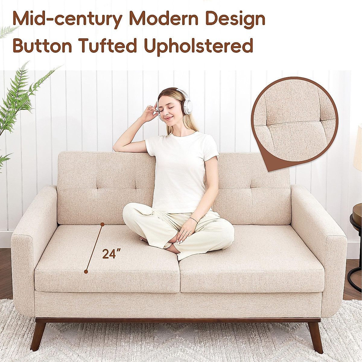 Tbfit Loveseat Sofa, 65" W Mid Century Modern Love Seat Couches for Living Room, Button Tufted Upholstered Small Sofa Couch for Bedroom, Oatmeal