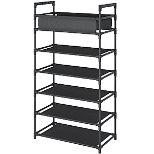 Boeeoan 6-Tier Stackable Shoe Rack Plus Storage Bag, Sturdy Shoe Shelf, Non-Woven Fabric Shoe Shelf with Storage Organizer, Black