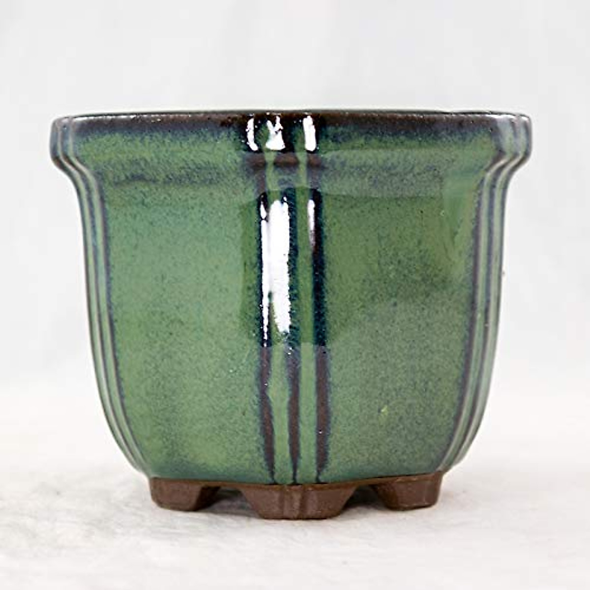 Semi-Cascade Hexagon Dark Green Shohin Bonsai Pot w/Mesh - 4.25"x 4.25"x 3.25"