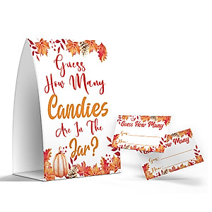 Guess How Many Candy Are In The Jar - Candy Guessing Game, Thanksgiving Party Games, 1 Sign and 50 Game Cards, Fall Maple Leaf, Pumpkin, Baby Shower Games, Birthday Party -GH004