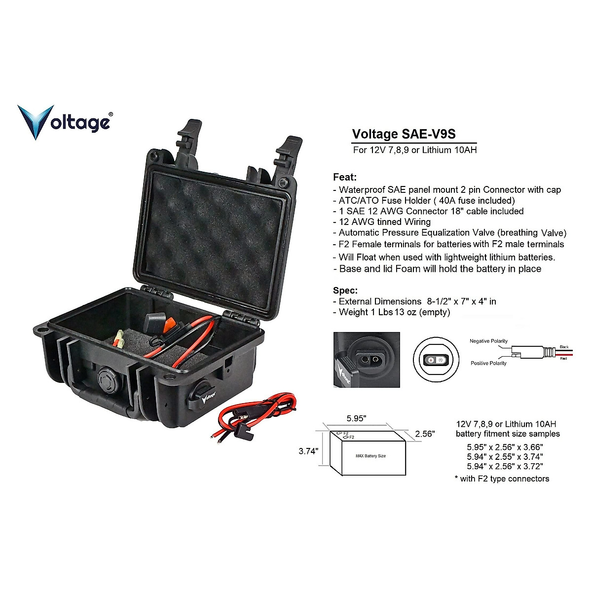 Voltage Waterproof Battery Box Enclosure with SAE Connector for 12V 9ah, 12V 8ah or Lithium 12V 10ah Batteries Kayak Fishfinder, GPS, Lighting and Outdoor Solar Systems (Single SAE Connector)