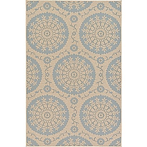 Unique Loom Outdoor Botanical Collection Area Rug - Medallion (5' 3" x 8' Rectangle, Aqua/ Beige)