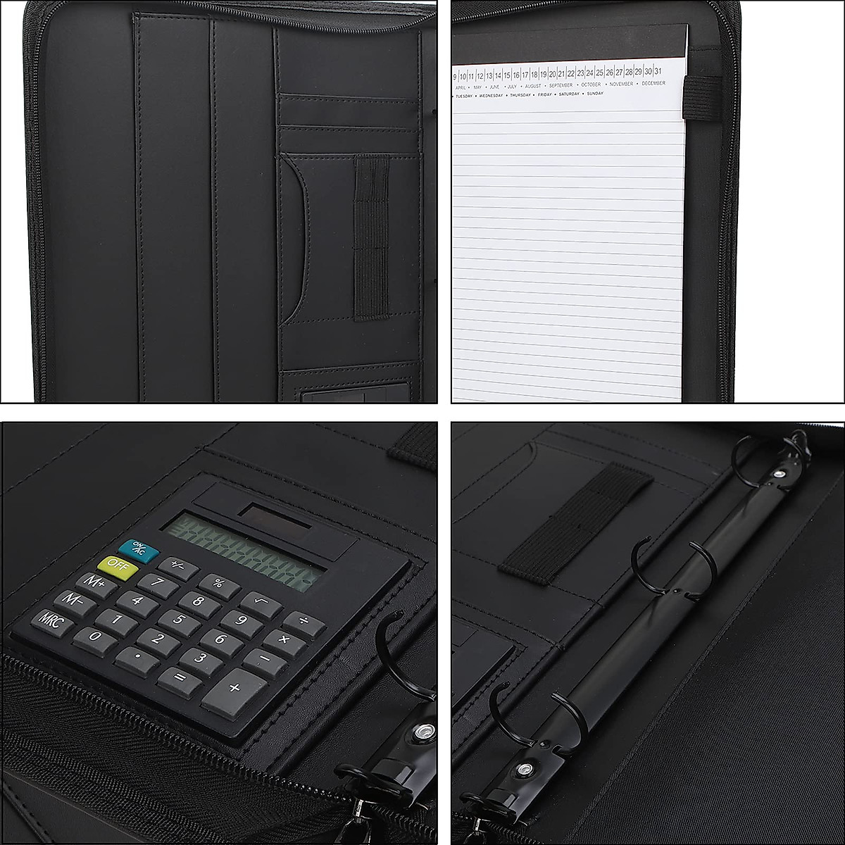 Freeprint Business Portfolio with Zipper 3 Ring Binder Organizer - PU Leather Folder Padfolio Document Organizer with Solar Calculator,Writing Pad