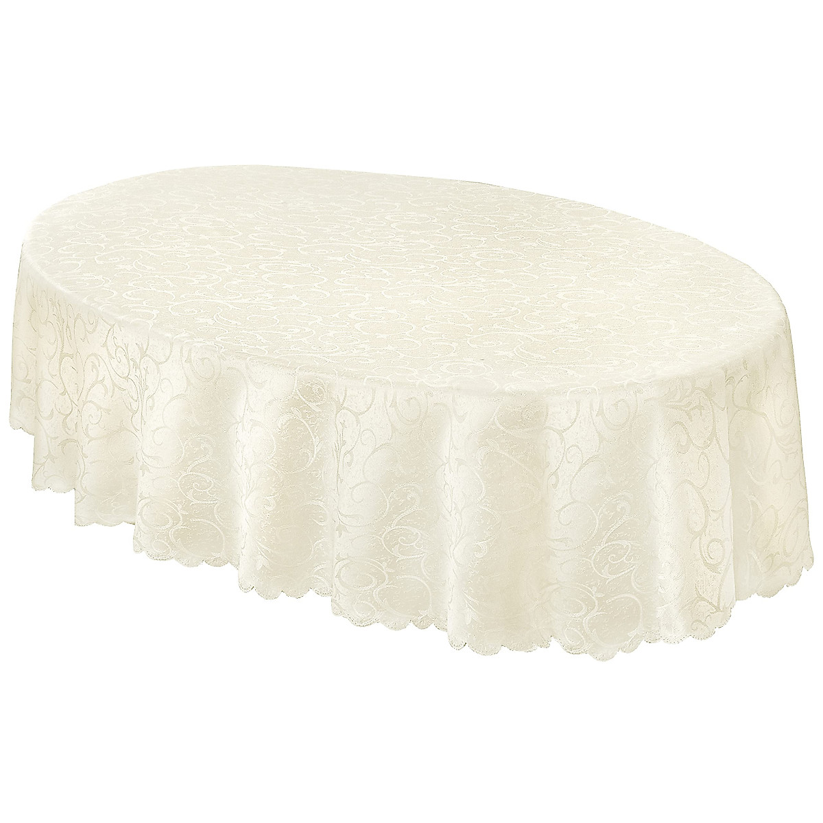 Newbridge Portofino Scalloped Damask Fabric Tablecloth, Wrinkle and Stain Resistant Fine Dining and Holiday Tablecloth, 60 Inch x 84 Inch Oval, Ivory