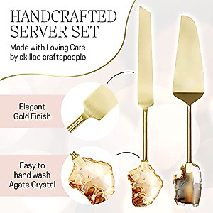WANDA LIVING - - Handmade Gold Wedding Cake Knife & Server Set of 2 - - with Striking Natural Agate Crystal Embellishments - - Ideal for Weddings & Anniversaries - - Lead & Nickel Free