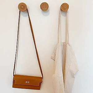 Bohoify 3pc Boho Rattan Wicker Woven Wood Wall Hooks, Handmade Wall Mounts, Rustic Wooden Hook for Hats, Scarfs, Bags, Decorative Home Decor Bathroom Clothes Hanger Organizer (50mm x 35mm, Caramel)