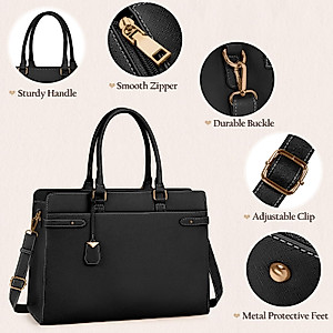 IGOLUMON Laptop Bag for Women 15.6 Inch Leather Tote Bag Professional Work Bag Waterproof Computer Briefcase Large Capacity Handbag Shoulder, Black