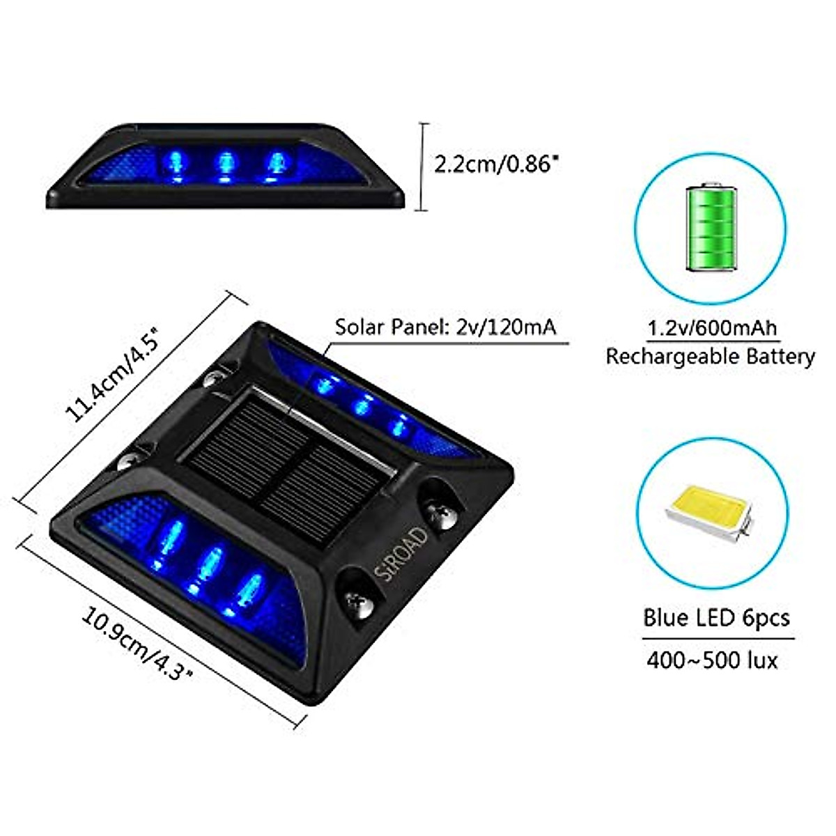 SIROAD Solar Driveway Deck Light, IP68 Waterproof Driveway Reflector Outdoor Blue LED Light for Dock Walkway Lane Porch Patio Pathway Garden Yard Road Markers (Blue, 4 Pack)
