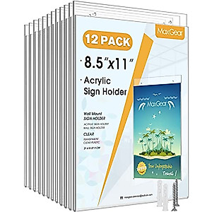 MaxGear 12 Pack Wall Mount Sign Holder 8.5 x 11, Clear Plastic Picture Frames Bonus with Mounting Screws, Wall Sign Holder Door Sign Holder Document Holder Perfect for Home, Office, Store-Vertical