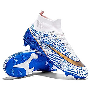 Kids Soccer Shoes Firm Ground Youth Soccer Cleats Boys Spike FG High-Top Football Boots for Outdoor Training White Blue