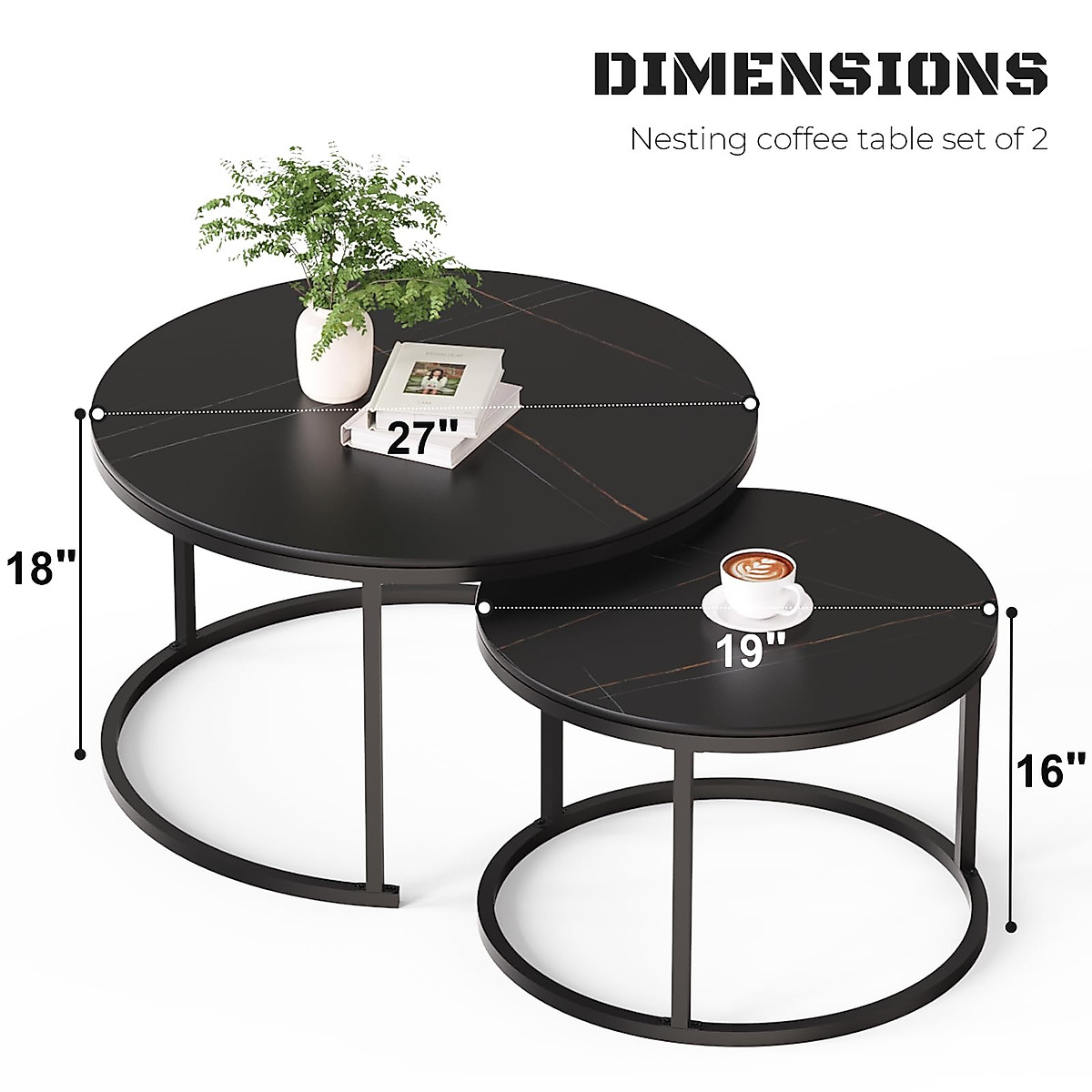 Nesting Coffee Table, Striped Black Modern Round Coffee Table Set of 2 for Living Room,Office,Balcony, Sintered Stone Coffee Table with Metal Frame
