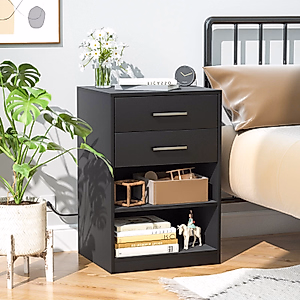 Irontar Nightstand with Charging Station, 2 Drawers End Table with 2 AC Outlets and 2 USB Ports, Wooden Side Table, Bedside Table with Adjustable Open Storage, Bedroom Night Stand, Black BZZ001BE