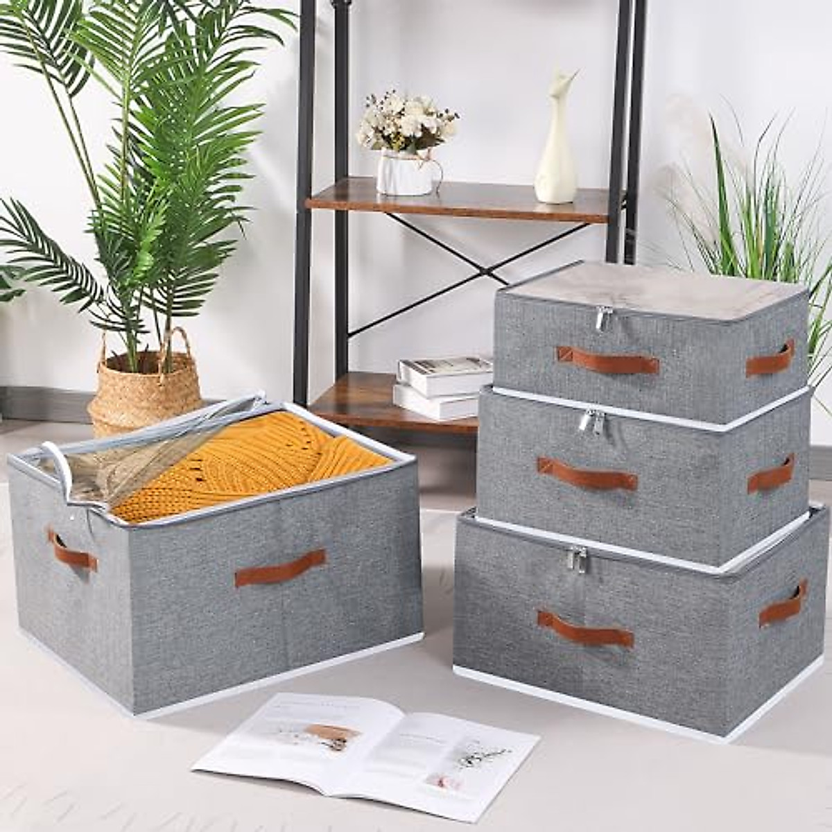 OUTBROS Large Storage Bins with Lid, Foldable Storage Bags and Handle, Zipper Storage Boxes, Used for storing clothes, blankets, pillows, 19.7 x 15.7 x 11.8 inch, 2-Pack