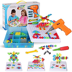 Haifeng Creative Mosaic Drill Set for Kids, STEM Toys for 3+ Year Old, Electric Drill Toy with DIY Screwdriver Tool,3D Construction Toys for Boy & Girl, Building Blocks for Toddler Preschool