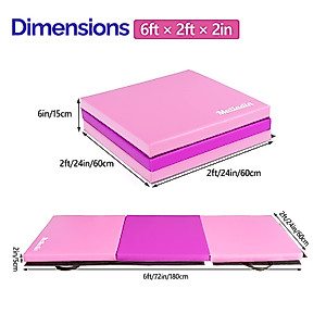 Matladin 6' Folding Tri-fold Gymnastics Gym Exercise Aerobics Mat, 6ft x 2ft x 2in PU Leather Tumbling Mats with Hook & Loop Fastener for Stretching Yoga Cheerleading Martial Arts (Purple&Pink)