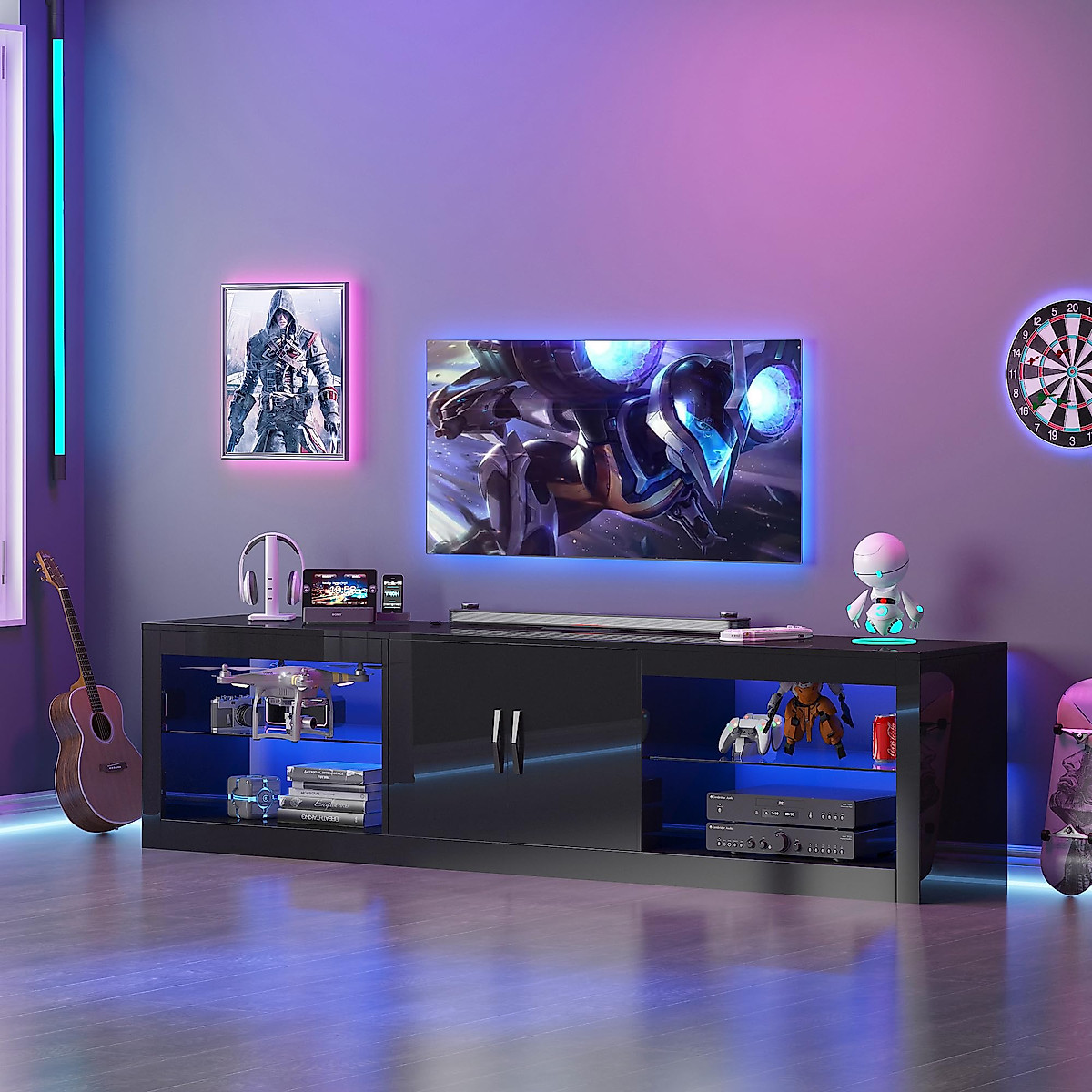 Vinctik 6&Fox 70 Inch Led TV Stand for 80/75 Inch TV, Modern Black Entertainment Center with Adjustable Glass Shelves Two Cabinets, Gaming High Gloss TV Stand with Led Light for Living Room,Black