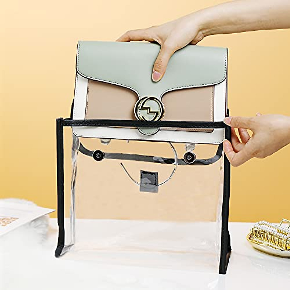 Hanging Handbag Organizer, PVC Purse Storage Bag Dustproof, Space-Saving Handbag Protector with Joinable Design, 4 PCS (Transparent black border, 4PCS (S+M+L+XL))