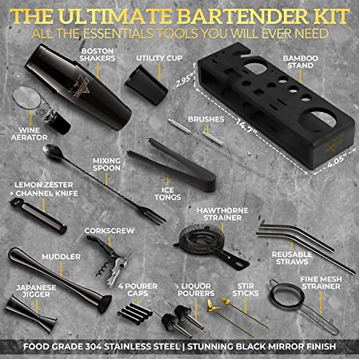 The Complete Mixology Bartender Kit 20-Piece Boston Cocktail Shaker Set - Premium Bar Accessories & Tools Set, Bonus Velvet Bag & Recipe Cards, Stainless Steel Drink Mixer (Gunmetal-Black, 20-Piece)