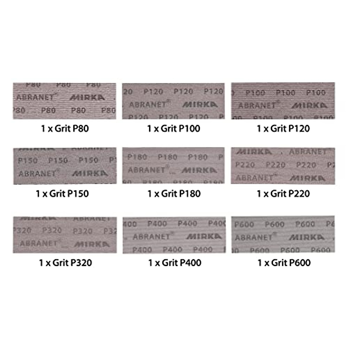 Mirka Abranet Net Sheets / 2.75 x 8 inch/Assortment 1 of each Grit 80, 100, 120, 150, 180, 220, 320, 400, 600 / Mesh sandpaper sanding Sheet Hook and Loop / 9 pcs / ‎9A-150-APRP