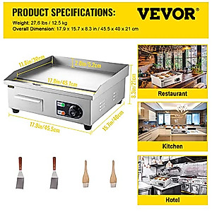 VEVOR Commercial Electric Griddle, 18" Teppanyaki Grill, 1600W Electric Flat Top Grill, Stainless Steel Electric Countertop Griddle w/Drip Hole, 50-300℃ Countertop Griddle for Pancake, Chicken