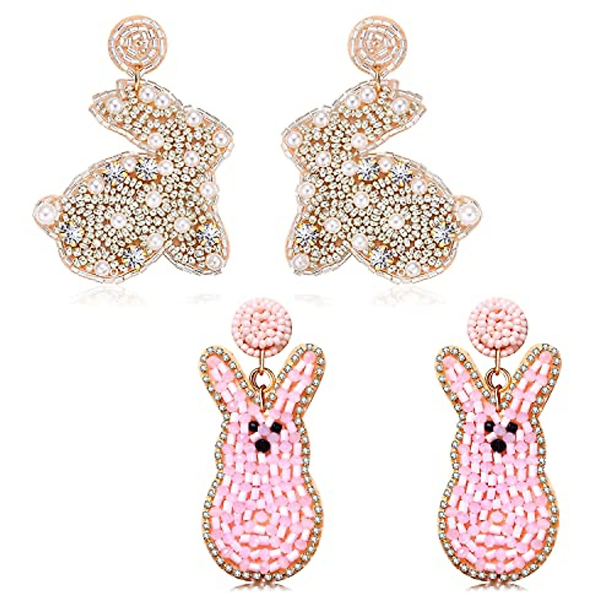 2 Pairs Easter Earrings for Women Beaded Easter Egg Bunny Earrings Letter HAPPY EASTER Earrings Cute Rabbit Dangle Earrings Spring Holiday Jewelry Gifts (Style C)