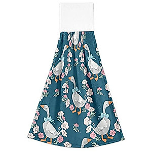 xigua 2 pcs Hanging Kitchen Towel Cute Goose and Flowers Hand Towel Absorbent Hanging Tie Towels for Bathroom Laundry Room Kitchen 12 x 17 Inches