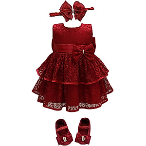 Glamulice Red Baby Flower Girls Dress Outfit Lace Infant First Birthday Outfit Wedding Bridesmaid Party Christmas Dresses 6-12 Burgundy Newborn Formal Holiday Ball Gown Daughters Photo Shoot Event 6M