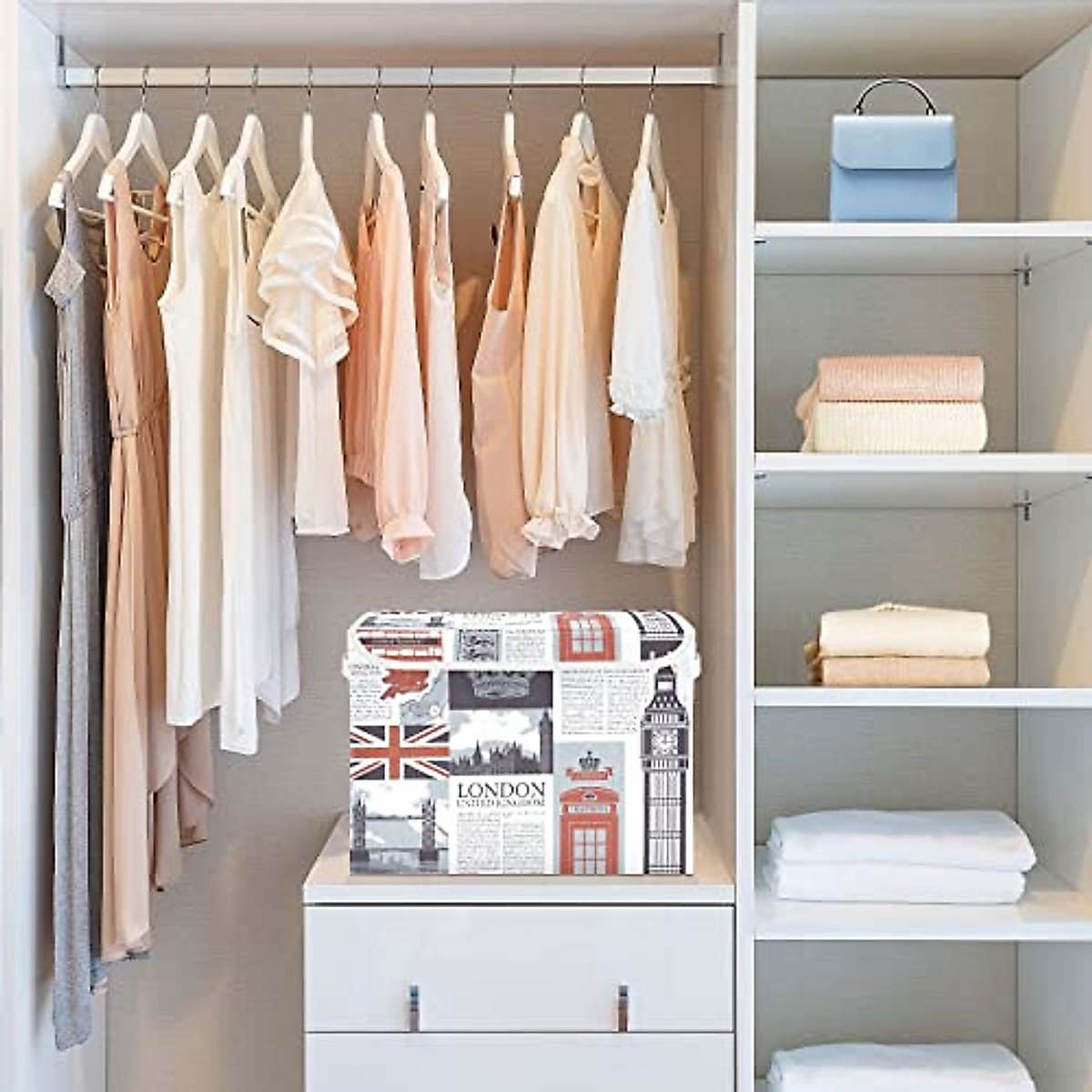 CaTaKu London Retro Storage Bins with Lids and Handles, Fabric Large Storage Container Cube Basket with Lid Decorative Storage Boxes for Organizing Clothes