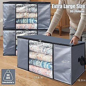 Cosy Family 90L Durable Storage Clothing Bags - Storage Containers Clothes Organizer with Reinforced Handle Sturdy Woven Fabric for Blankets, Bedding, Collapsible with Zipper, 6 Pack, Grey