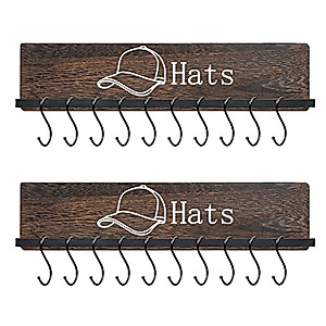 FANGSUN Hat Rack for Wall, Wooden Baseball Cap Organizer with 20 Hooks, Metal Rustic Hat Pattern Hat Display Rack, Ball Cap Hanger Wall Mounted Hat Storage Holder for Closet Bedroom Entry, Set of 2