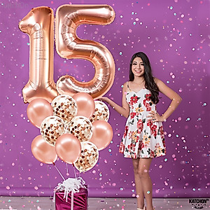 KatchOn, Rose Gold 15 Balloons Number - Giant, 40 Inch | 15 Birthday Balloons with Confetti for Happy 15th Birthday Decorations for Girls | Quinceanera Decorations | 15 Birthday Decorations for Girls