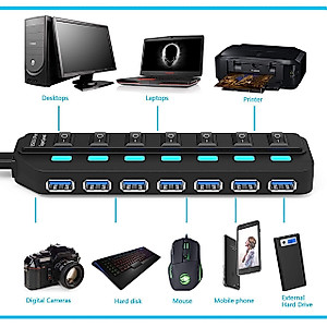 USB Hub 3.0 Powered, Zouhi USB hub 7 Port 3.0 Data Hub Splitter with 5V/2A Power Adapter and with Individual On/Off Switches/Power LED / 3.3ft/1m Long Cable for Mac Pro, MacBook Pro and More