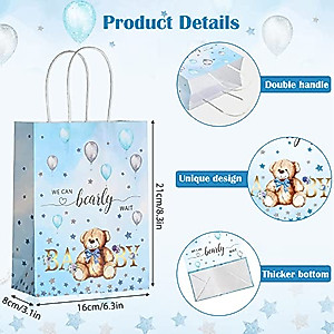 16 Pack Bear Baby Shower Bags Paper Bear Party Bags with Handles We Can Bearly Wait Gift Bags Bear Balloon Star Flower Goodie Bags for Kids Birthday Party and Baby Shower Favors Supplies