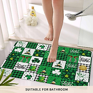 St Patrick's Day Doormat Rugs Outdoor/Indoor Lucky Shamrock Clover Gnomes Non-Slip Entrance Welcome Mat for Front Door/Kitchen/Bath/Bedroom/Patio/Entryway,16"x24", Green Buffalo Gingham Plaid