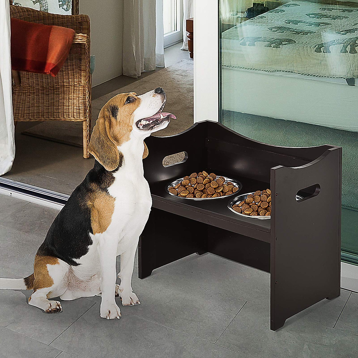 PawHut Raised Pet Food Elevated Feeder with 2 Stainless Steel Bowls, 3 Levels Adjustable Height Levels, and Wood Finish