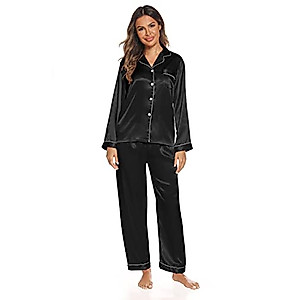 Eilshoji Womens Silk Satin Pajamas Loungewear Two-piece Sleepwear Button-Down Pj Set (Black,XL)